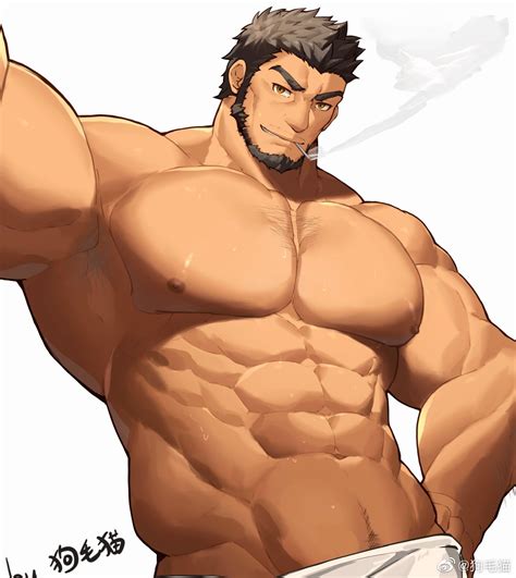 Tekkowang Original Highres Boy Abs Arm Up Bara Beard Black Hair Cheekbones Chest Hair