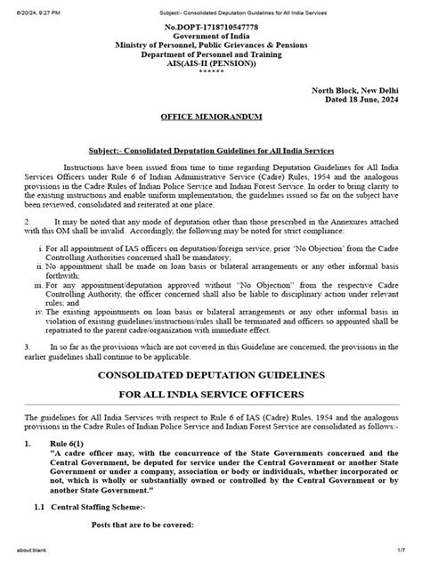 Dopt Consolidated Deputation Guidelines For All India Services Pdf Government Government
