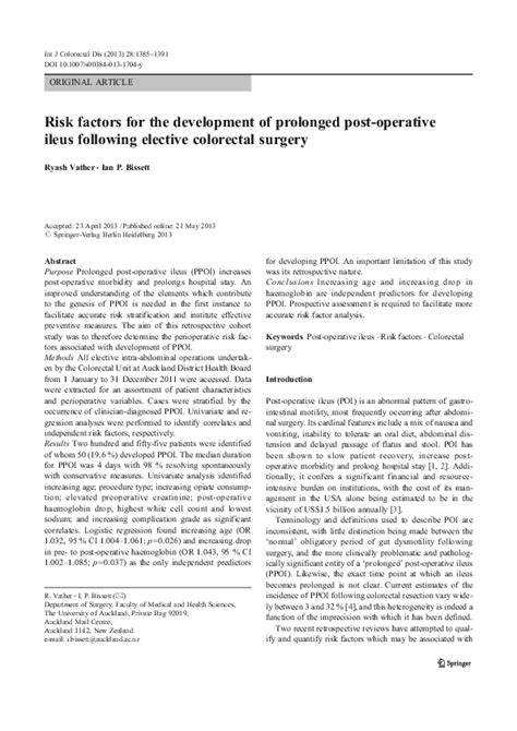 Pdf Risk Factors For The Development Of Prolonged Post Operative Ileus Following Elective