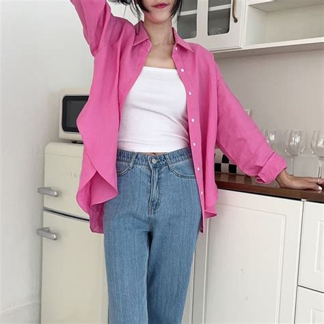 린넨 100 아사면 코발트블루 핑크 여름 긴팔 루즈핏 여자 셔츠 남방 블라우스