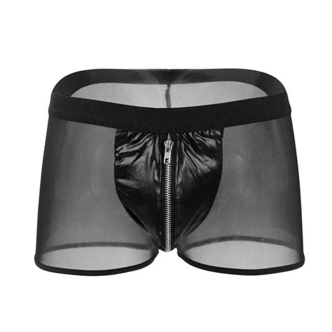 섹시한 속옷 얇은 얇은 메쉬 사각 팬티 남자 통기성 투명 Pu 가죽 지퍼 원활한 남자 속옷 볼록 주머니 Aliexpress
