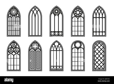Gothic Windows Outline Set Silhouette Of Vintage Stained Glass Church