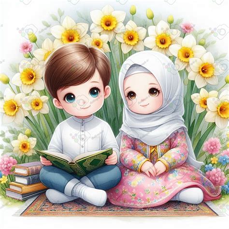 بک گراند کودکانه دختر ناز با حجاب و پسر ناز قرآن در دست نشسته در باغ گل