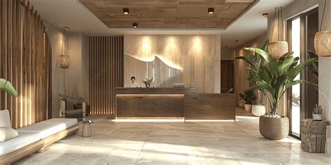 목재 리셉션 데스크와 좌석 공간 소파가 있는 현대적인 호텔 로비 호텔 로비 현대적인 로비 활기 없는 배경 일러스트 및 사진