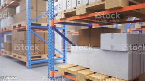 팔레트 랙 물류 센터에 골판지 상자가있는 창고 거대한 큰 현대 창고 선반에 골판지 상자로 가득 창고 상자팔레트에 서 3d 그림
