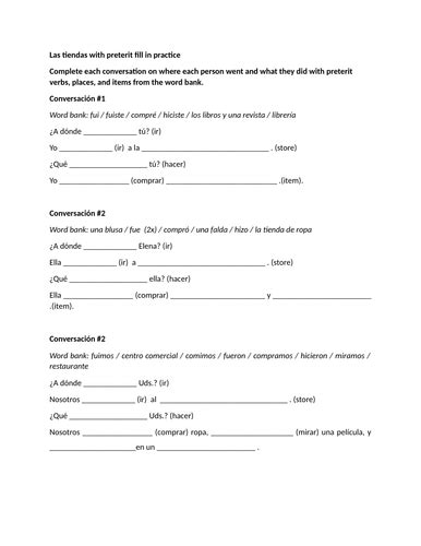 Las Tiendas With Preterit Fill In Practice Teaching Resources