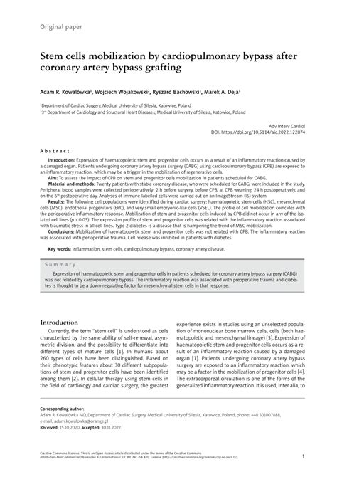 Pdf Stem Cells Mobilization By Cardiopulmonary Bypass After Coronary