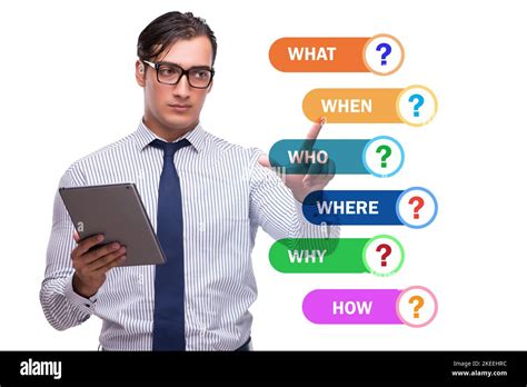 Concept Of Many Different Questions Asked With The Businessman Stock