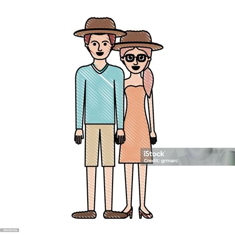 변 발 헤어스타일으로 안경 Strapless 드레스와 발뒤꿈치 구두와 스웨터와 짧은 바지와 신발 그녀와 색된 크레용 실루엣 및 모자와 모두 그 커플 2명에 대한 스톡 벡터