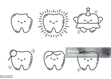 다양한 감성을 가진 귀여운 이빨이 라벨 디자인을 위해 설정되었습니다 치아 캐릭터 이모티콘 어린이 치과 치과 치료 개념 충치와 균열이 있는 치아 건강하고 빛나는 치아 선형
