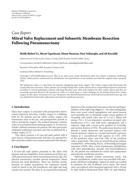 Pdf Mitral Valve Replacement And Subaortic Membrane Resection Following Pneumonectomy