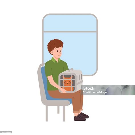 기차에서 가방에 고양이와 함께 여행하는 남자 만화 벡터 일러스트 레이 션 가방에 대한 스톡 벡터 아트 및 기타 이미지 가방