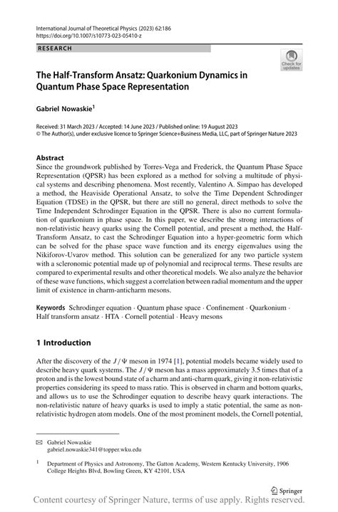 The Half Transform Ansatz Quarkonium Dynamics In Quantum Phase Space Representation Request Pdf