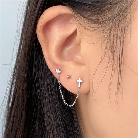 여성용 더블 홀 스터드 귀걸이 체인 이어 피어싱 크리스탈 Cz 크로스 귀걸이 여성용 멋진 연골 브린코 1pc단추모양 귀걸이 Aliexpress