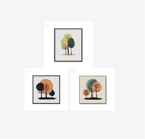 Set Of 3 Cross Stitch Pattern Tree Bundle Cross Stitch PDF Charts Primitive Trees Xstitch Tree