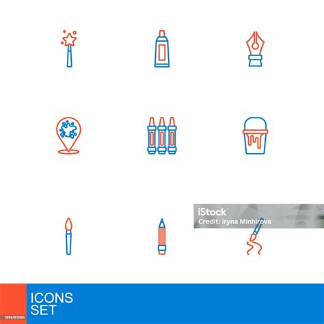 선 페인트 브러시 지우개 양동이 스프레이 그리기용 왁스 크레용 만년필 펜촉 및 튜브 페인트 팔레트 아이콘을 설정합니다 벡터 교육에 대한 스톡 벡터 아트 및 기타 이미지