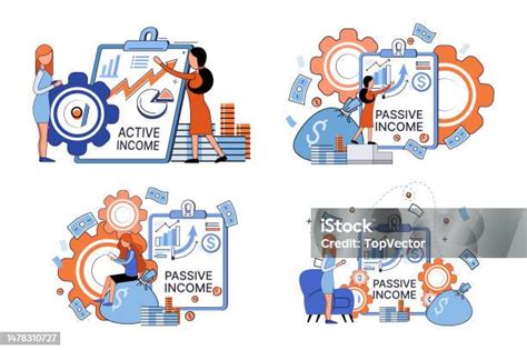 능동적 및 수동 소득 개념 투자를 통한 재정적 성장과 발전에 대한 아이디어 개념에 대한 스톡 벡터 아트 및 기타 이미지 개념