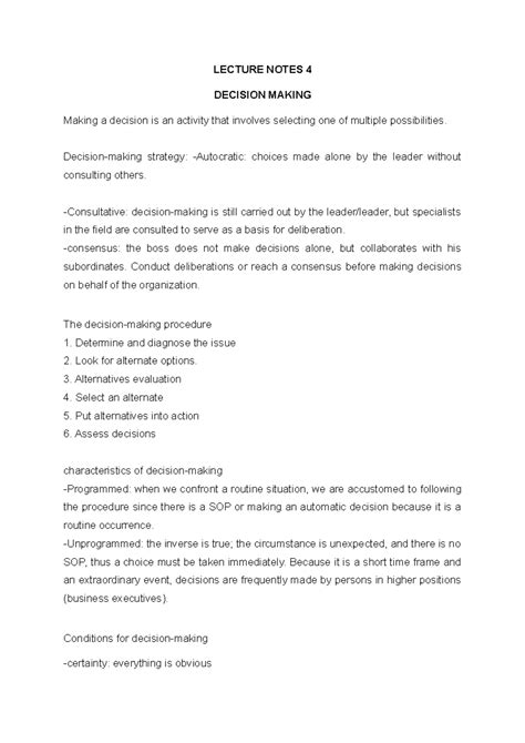 Decision Making Lecture Notes 4 Lecture Notes 4 Decision Making Making A Decision Is An