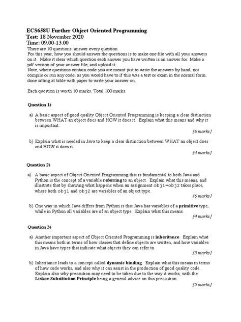 Time 0900 1300 Ecs658u Further Object Oriented Programming Test 18 November 2020 Pdf