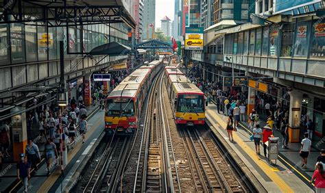Busy Urban Transportation Hub With Trains And Buses Premium Ai