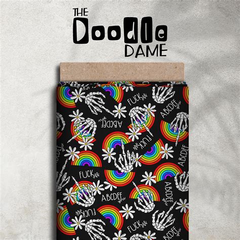 Seamless Digital Pattern NSFW Skeleton Middle Finger Rainbow Flowers On Black Tile Infinitely