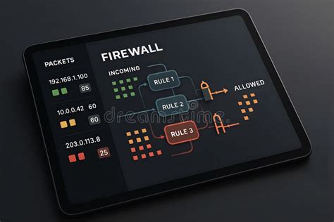Firewall Interface Visualizing Network Packet Flow And Rule Enforcement On A Modern Tablet