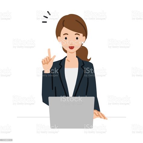 그녀의 책상에서 손 제스처를 가리키는 아이디어를 받고 노트북 컴퓨터를 사용하여 비즈니스 정장 스타일의 여성 가리키기에 대한 스톡