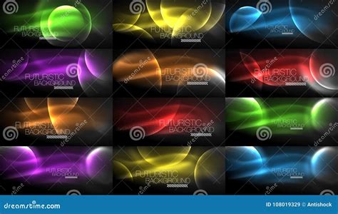 Collection Of Neon Glowing Particle Waves Stock Vector Illustration