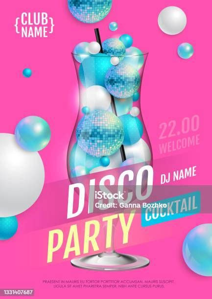 3d 추상구와 블루 디스코 볼 칵테일 디스코 파티 포스터 벡터 일러스트레이션 칵테일 파티에 대한 스톡 벡터 아트 및 기타 이미지 칵테일 파티 3차원 형태 개체 그룹