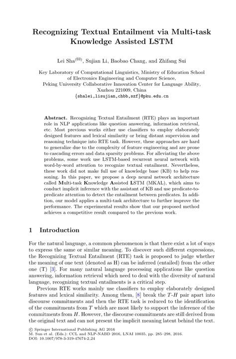 Pdf Recognizing Textual Entailment Via Multi Task Knowledge Assisted Lstm