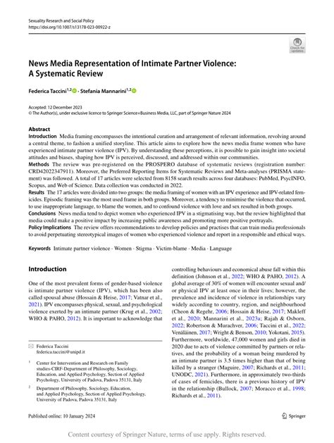News Media Representation Of Intimate Partner Violence A Systematic Review