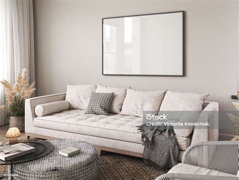 현대적인 고급 거실에 가벼운 소파 스칸디 장식 마른 잔디가 있는 흰색 인테리어 디자인 프레임 벽 모형 3d 렌더링 고품질 3d 그림 농가에 대한 스톡 사진 및 기타 이미지