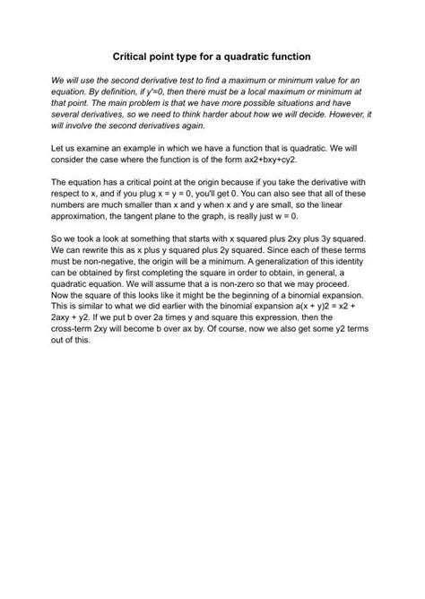 Critical Point Type For A Quadratic Function Keepnotes