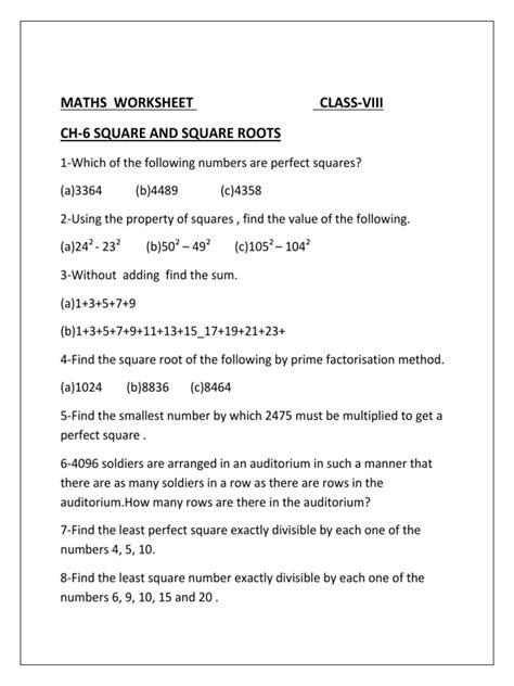 cbse class 8 mathematics worksheet square and square roots pdf
