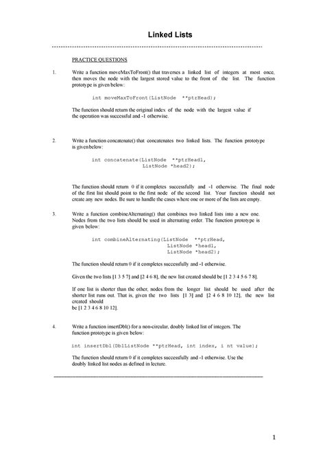Linked List Practice Questions 1 Linked Lists Practice Questions Write A Function