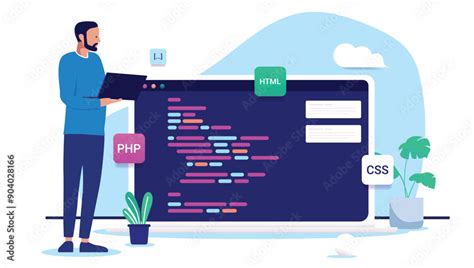 Developer Working On Computer Writing Code And Programming Standing