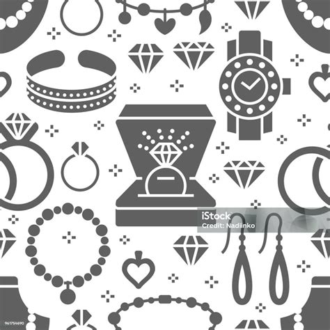 보석 완벽 한 패턴 문양 그림입니다 보석 액세서리금 약혼 반지 다이아몬드 진주 목걸이 매력 팔찌 귀걸이의 벡터 실루엣 아이콘 흰색 회색 반복된 배경 개인 장식품에 대한 스톡