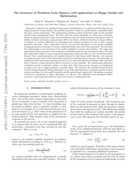 Pdf Geometry Of Nonlinear Least Squares With Applications To Sloppy