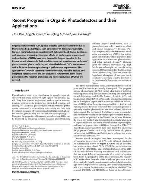 Pdf Recent Progress In Organic Photodetectors And Their Applications