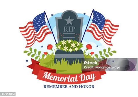 미국 국기가 있는 현충일 그림 방문 페이지 템플릿을 위해 그려진 평평한 만화 손으로 공로를 인정하고 공로를 표합니다 미국 메모리얼 데이에 대한 스톡 벡터 아트 및 기타
