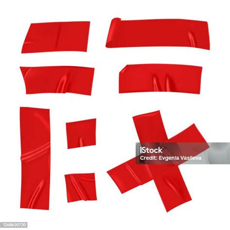 빨간 덕트 테이프 세트 흰색 배경에 격리 된 고정을위한 사실적인 빨간색 접착 테이프 조각 스카치 크로스와 종이 붙어 사실적인