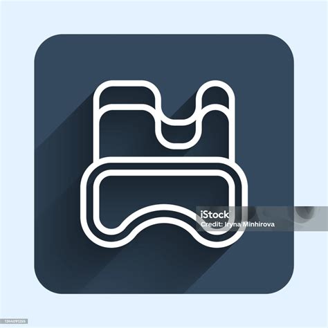 긴 그림자 배경으로 격리 된 화이트 라인 다이빙 마스크 아이콘 익스트림 스포츠 다이빙 수중 장비 파란색 정사각형 버튼 벡터