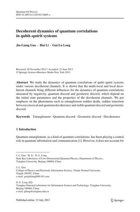 Pdf Decoherent Dynamics Of Quantum Correlations In Qubitqutrit Systems