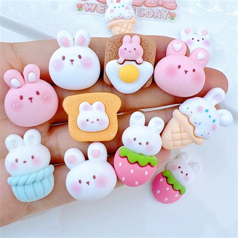새로운 귀여운 만화 토끼 케이크 아이스크림 플랫 백 수지 카보 숑 Diy 쥬얼리 머리핀 공예 장식 액세서리 10 개