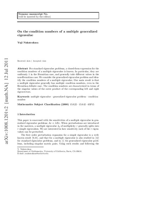Pdf A Multiple Generalized Eigenvalue Has Different Condition Numbers
