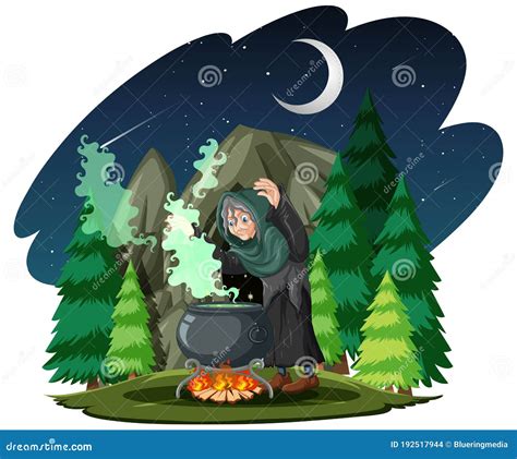 深森林背景中黑魔法罐卡通风格的女巫 向量例证 插画 包括有 主题 想象力 投反对票 万圣节 黑暗 192517944