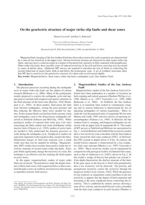 Pdf On The Geoelectric Structure Of Major Strike Slip Faults And
