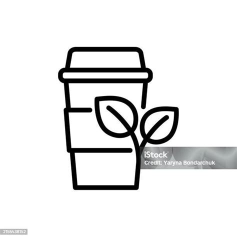커피 컵과 나뭇잎 윤곽선 아이콘입니다 친환경 컵 기호입니다 0명에 대한 스톡 벡터 아트 및 기타 이미지 0명 개념 검은색