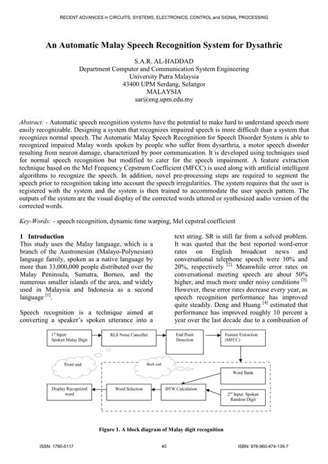 Pdf An Automatic Malay Speech Recognition System For Dysathric