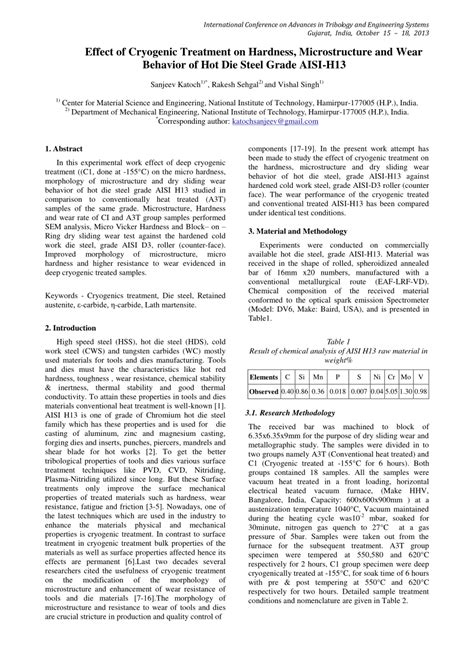 Pdf Effect Of Cryogenic Treatment On Hardness Microstructure And Wear Behavior Of Hot Die